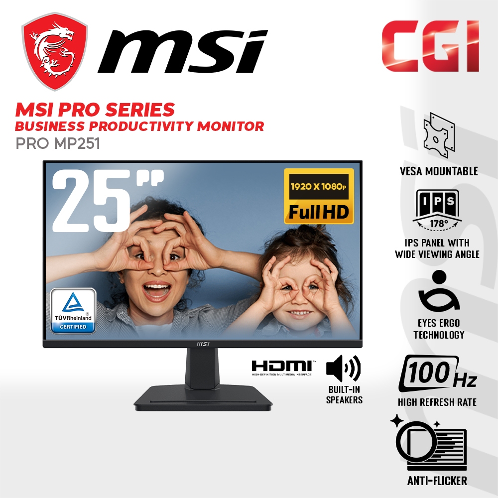 MSI 24.5'' PRO MP251 IPS FHD Adaptive Sync 100Hz 1ms EyesErgo Speaker Business Productivity ...