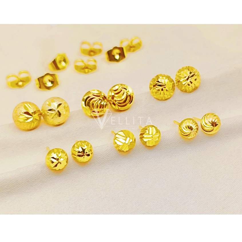 [VJ]Earring "Half Round" Gold Ball 999.9 Bangkok Gold Plated Ear Studs ...