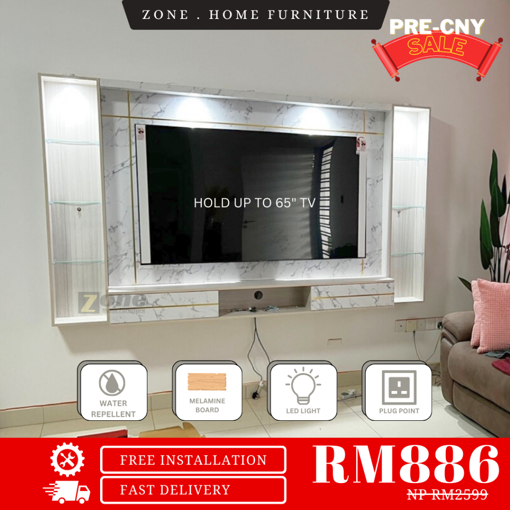 ⭐Free Installation⭐ White Marble TV Cabinet 8ft x 5ft | Support 65"TV ...