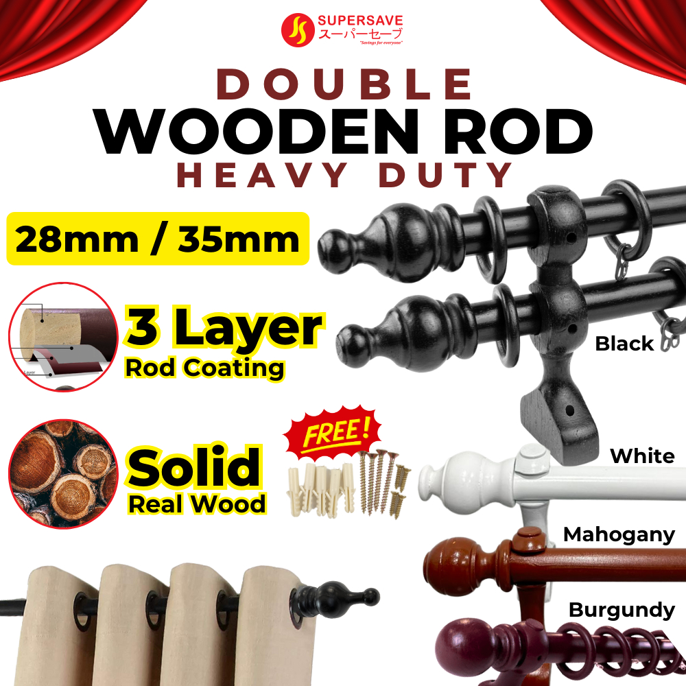SUPERSAVE Double Wooden Rod Solid Wooden Curtain Rod Batang Langsir ...