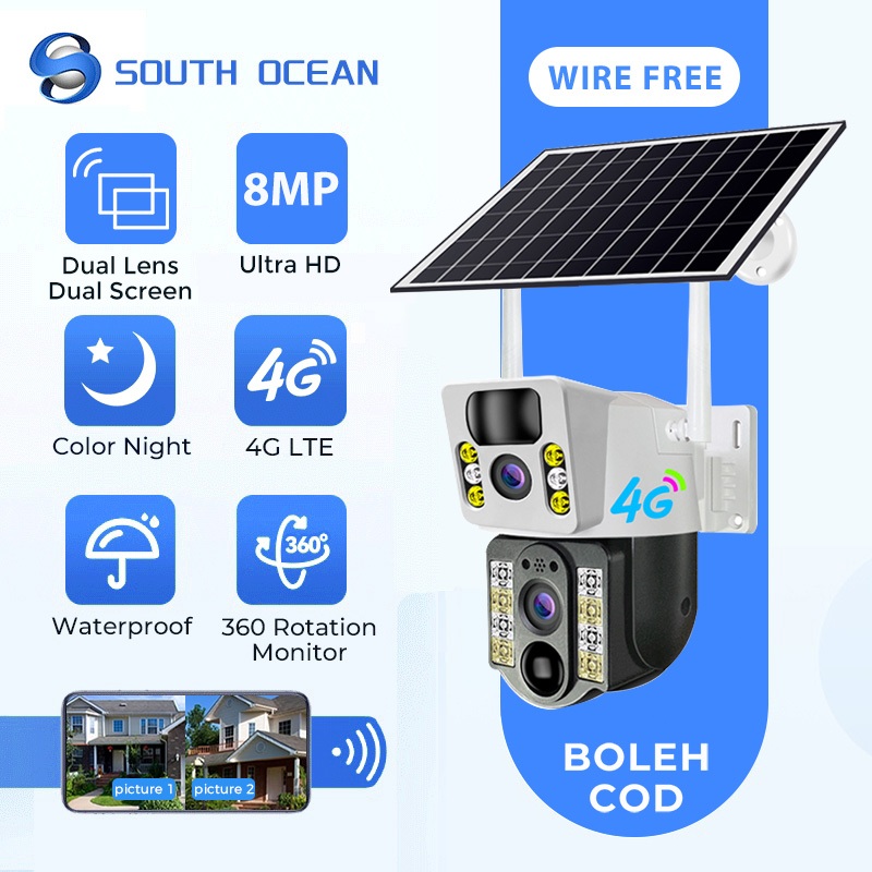 South Ocean Solar 8MP CCTV Wireless Outdoor Dual Lens CCTV 4G SIM Card IP66 Waterproof Battery ...