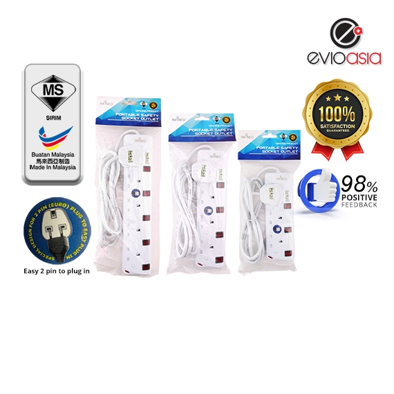 Full Copper Trailing Socket Extension Neon Light 3 Pin Plug Sirim Approved 3 Gang 4 Gang 5