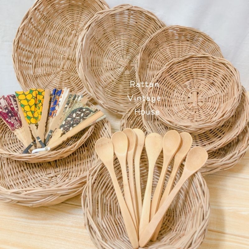(Rattanvintage)🔥 Piring Rotan | Rattan Weaved Round Food Tray | Rattan ...
