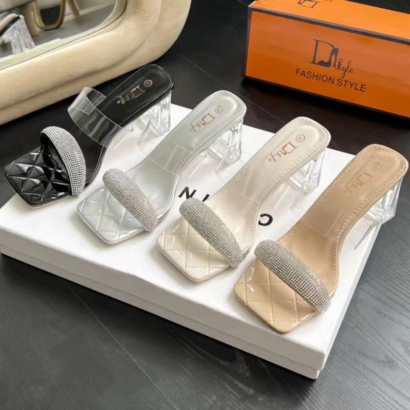 Elegant 2-Strap Rhinestones And Clear 3 inches Glass Heels | Shopee ...