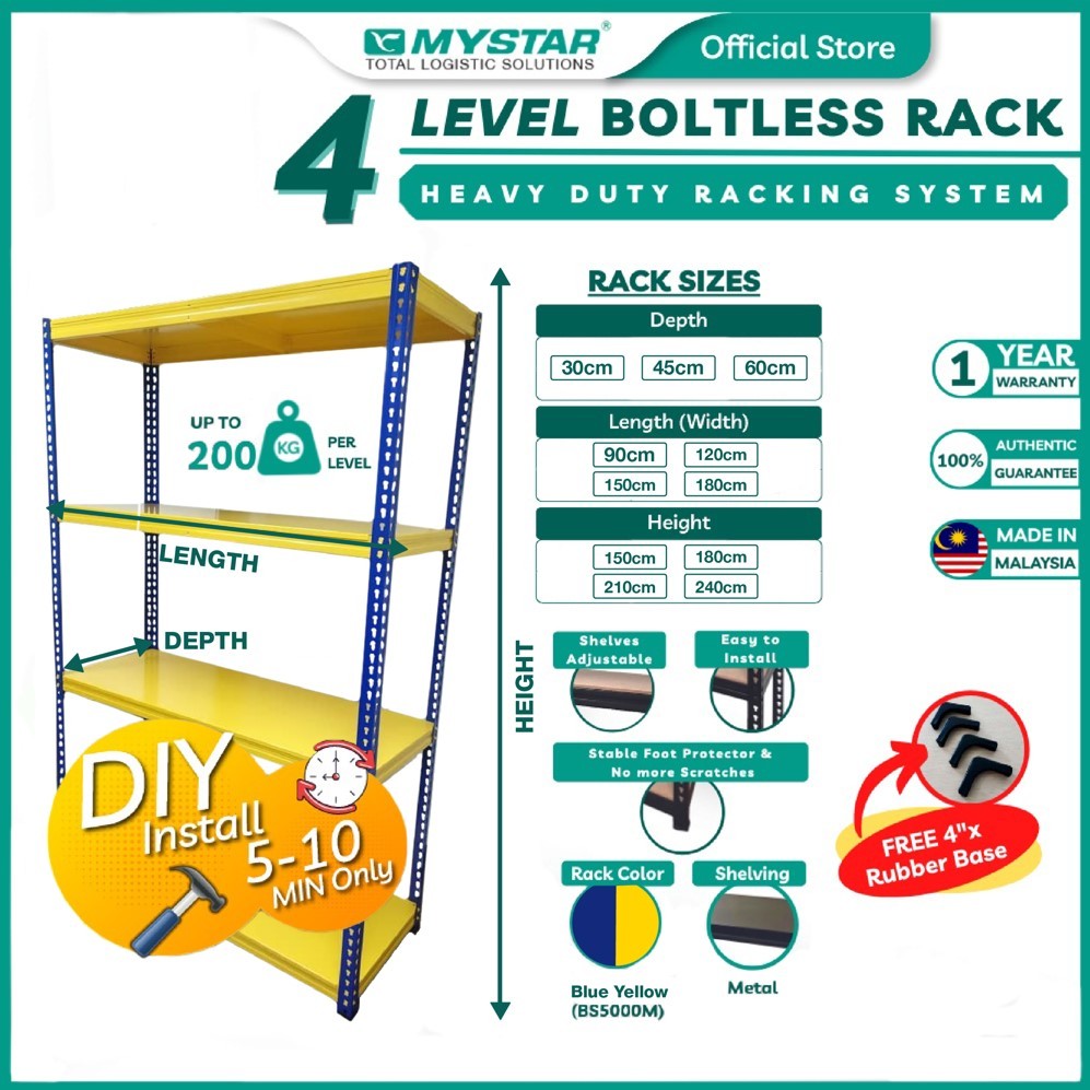 MYSTAR Boltless Rack Medium Duty Series 4 Level 200KG BLUE YELLOW Metal ...