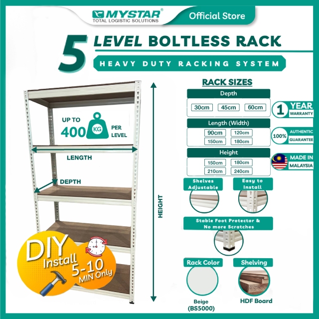 MYSTAR Boltless Rack High Duty Series 5 Level 400KG BEIGE Fiberboard ...