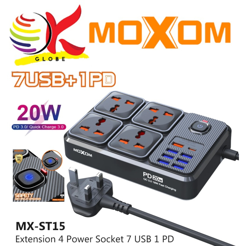 MOXOM MX-ST15 EXTENSION 4 POWER SOCKET + 7 USB + 1PD 20W USB C QC 18W ...