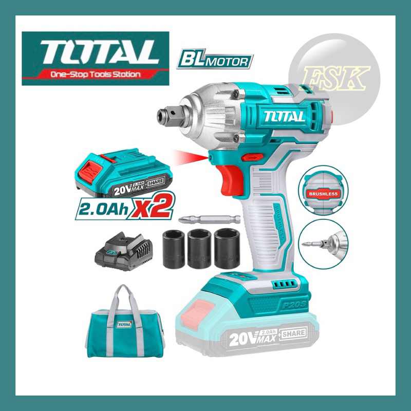 TOTAL 1/2” Heavy Duty 2 in 1 Cordless Impact Wrench 20V Brushless Motor ...