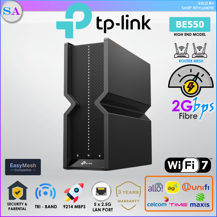 TP-Link Archer BE550 BE9300 WiFi 7 Wireless Tri Band EasyMesh Gigabit ...