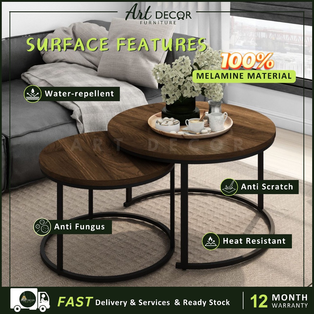 Art Decor Melamine Coffee Table Marble Texture /Meja Kopi Bulat Ruang ...