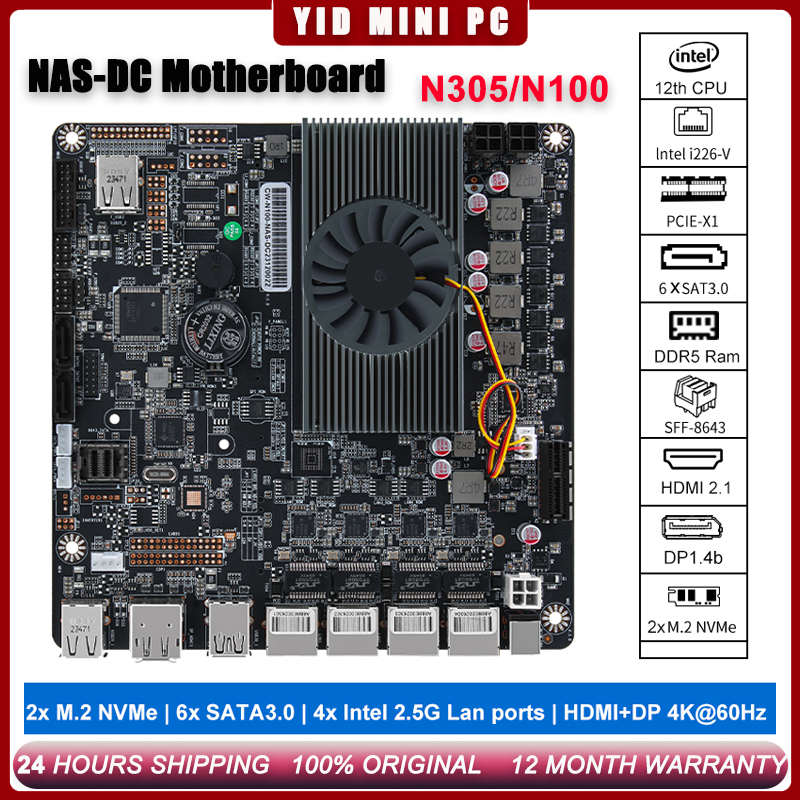 12th i3-N305 N100 NAS Motherboard 6-Bay DC Power 2xM.2 NVMe 6xSATA3.0 ...