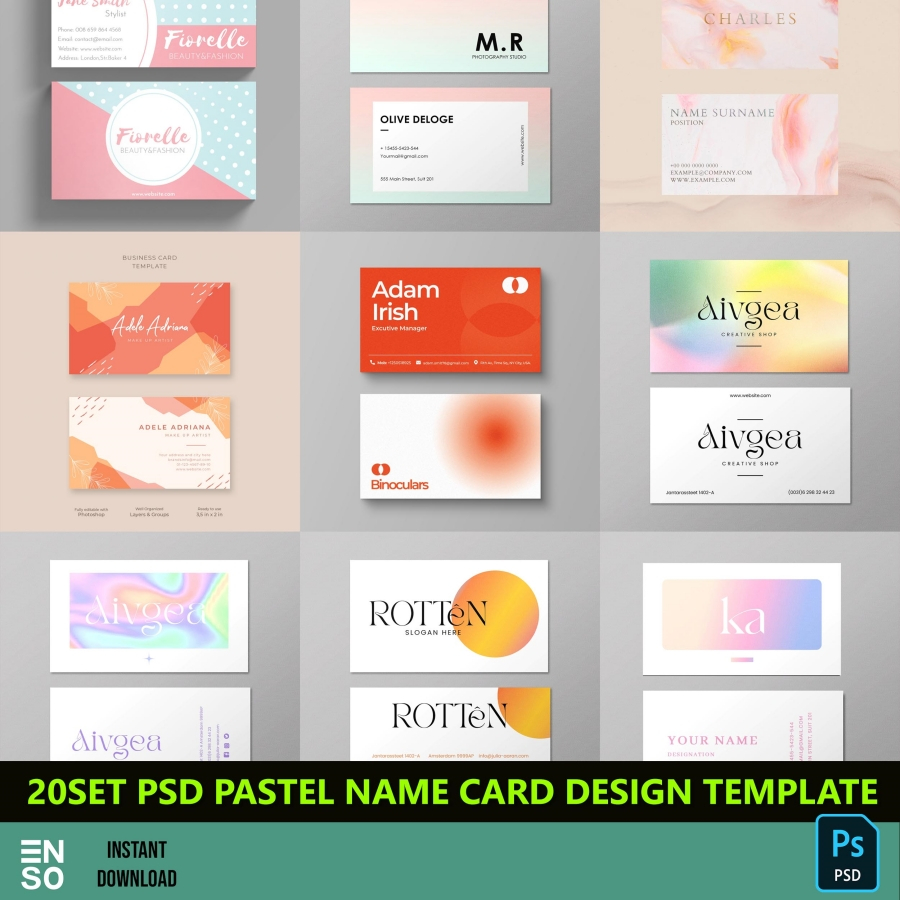 20-Set PSD PASTEL Name Card Design Template | Editable PSD Design ...