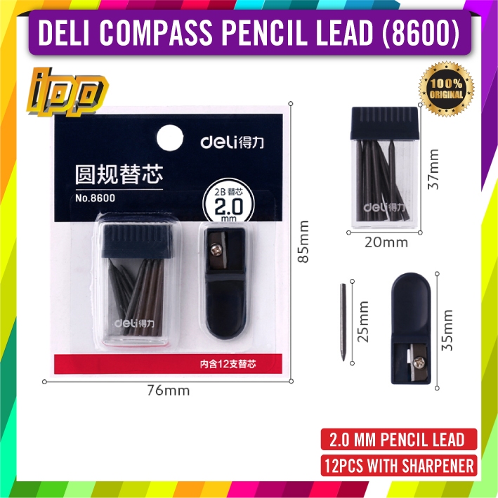 Deli Compass Pencil Lead Refill 2B 2.0mm (12pcs) With Sharpener (8600 ...