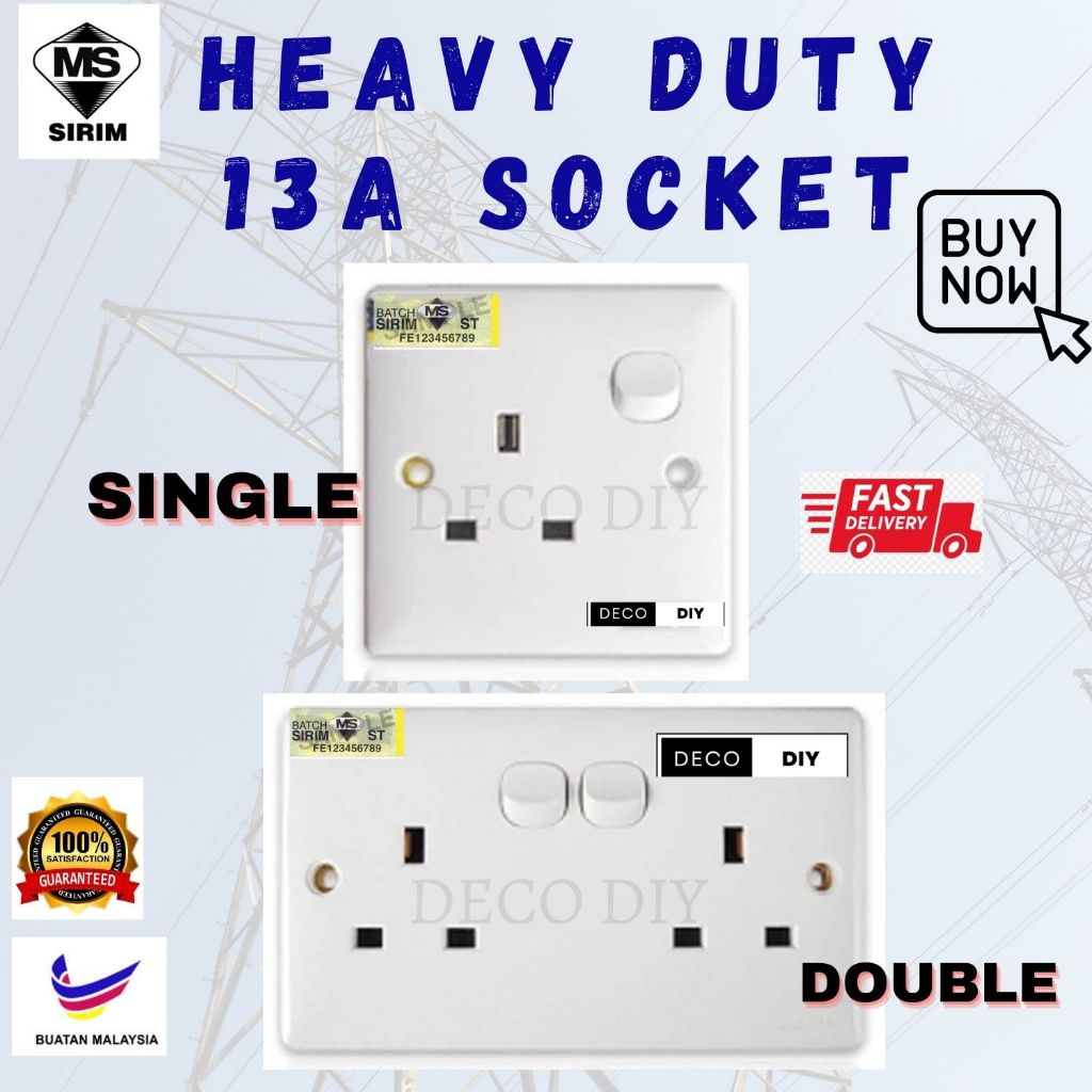 (SIRIM) 13A Double Switch Socket / Dua socket / Twin socket / PVC ...