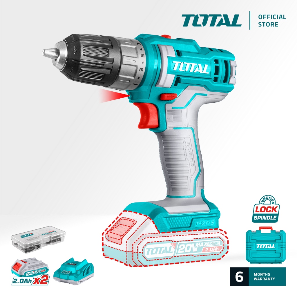TOTAL Li-ion Cordless Drill (45Nm/10mm/20V) Spindle Lock + Battery ...