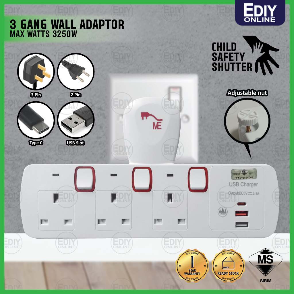 SIRIM 】 Multi Universal ME T-Adaport 3 Gang Wall Adaport Outlet 2 USB ...