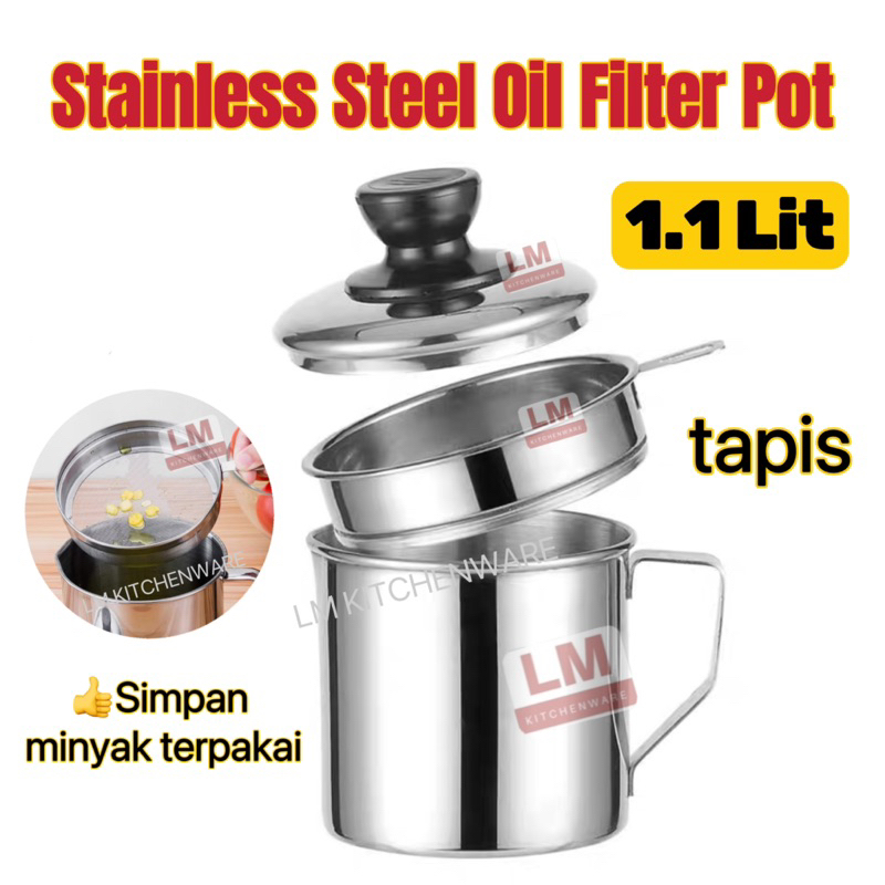 STAINLESS STEEL OIL FILTER POT / COOKING OIL STRAINER CONTAINER / BEKAS ...