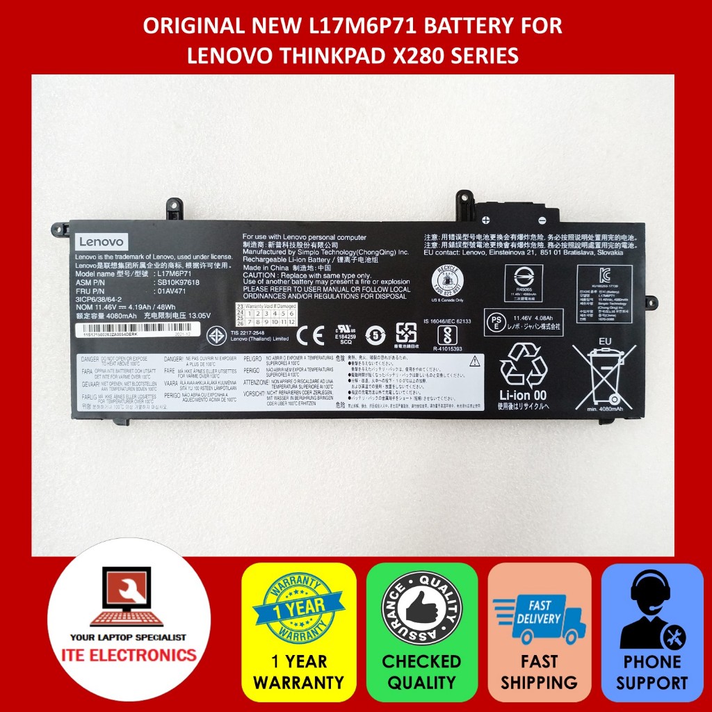 ORIGINAL NEW L17M6P71 L17C6P71 LENOVO THINKPAD X280 SERIES BATTERY ...