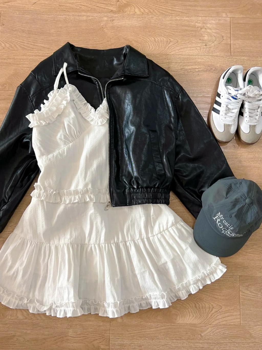 Ruffle White Straps Dress X Classic Black PU Jacket | Shopee Malaysia