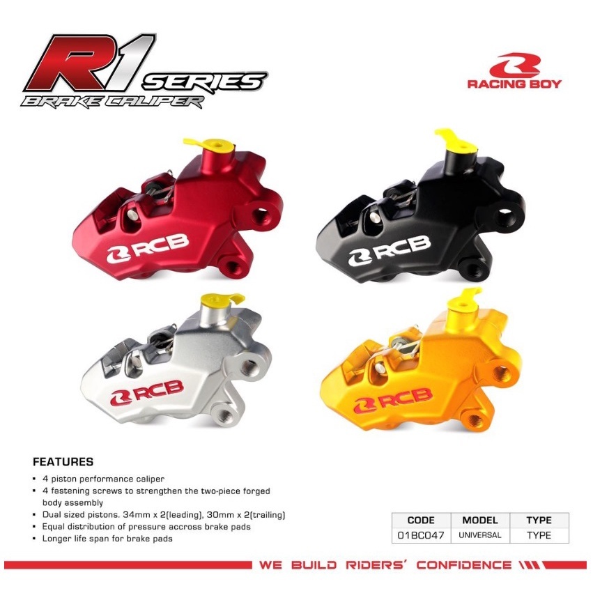 RCB BRAKE CALIPER R1 SERIES 4 PISTON UNIVERSAL RH ( KANAN ) & LH ( KIRI ...