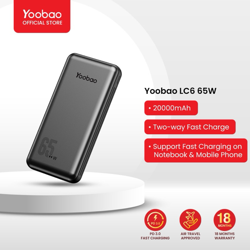 Original Yoobao LC6-65W 20000mAh Fast Charging Power Bank Built in Cables (Lightning & Type C ...
