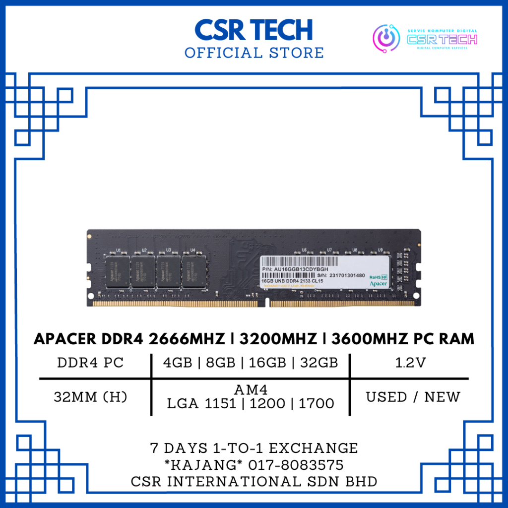 APACER DDR4 U-DIMM PC 2666 | 3200 | 3600 MT/S 4GB | 8GB | 16GB | 32GB ...