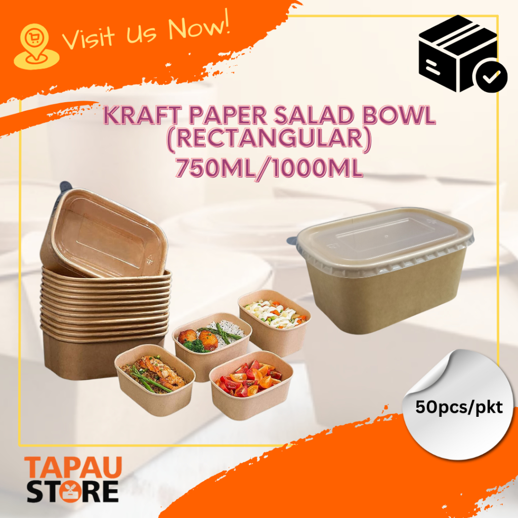 (50PCS) Kraft Paper Salad Bowl Rectangular with PP Lid (KPSB) | Shopee ...