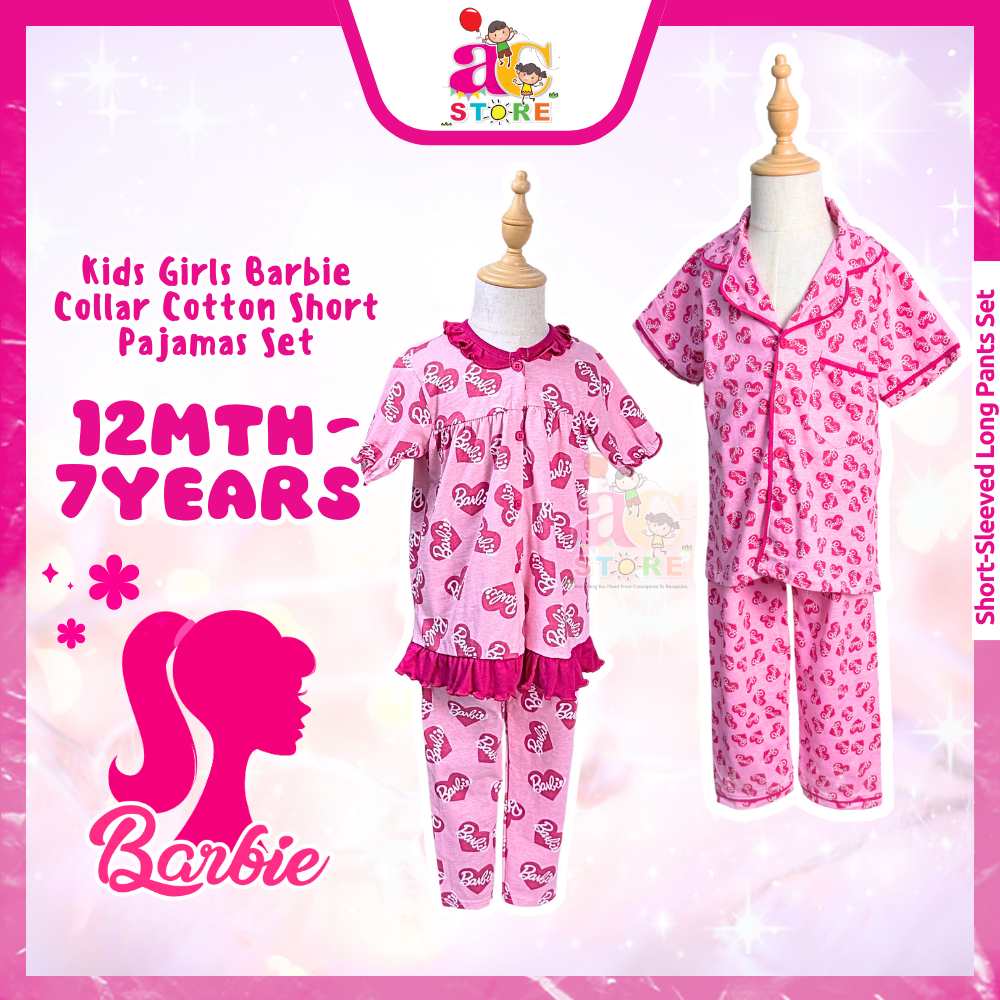 AC- (12m-7years)Barbie Collar Button Short Pajamas Set Cotton Kids Girl ...