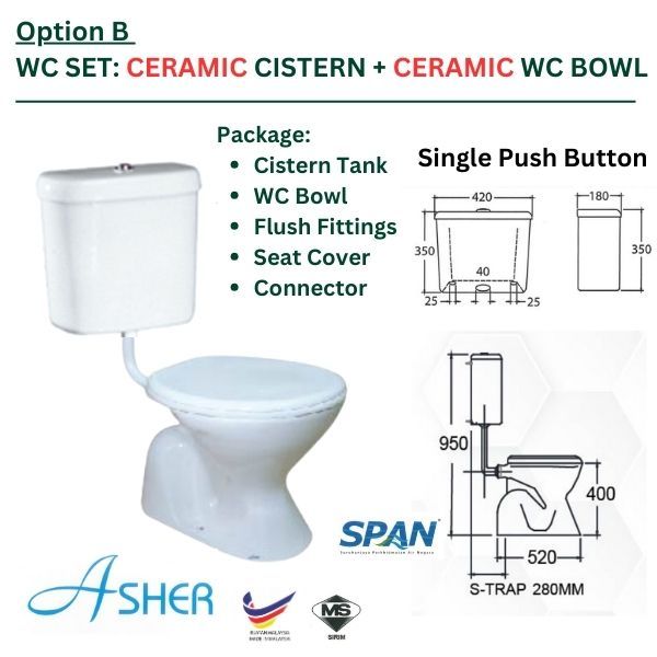 ASHER 2 PIECE CLOSE COUPLED WATER CLOSET SET WALL HUNG CISTERN + S-TRAP ...
