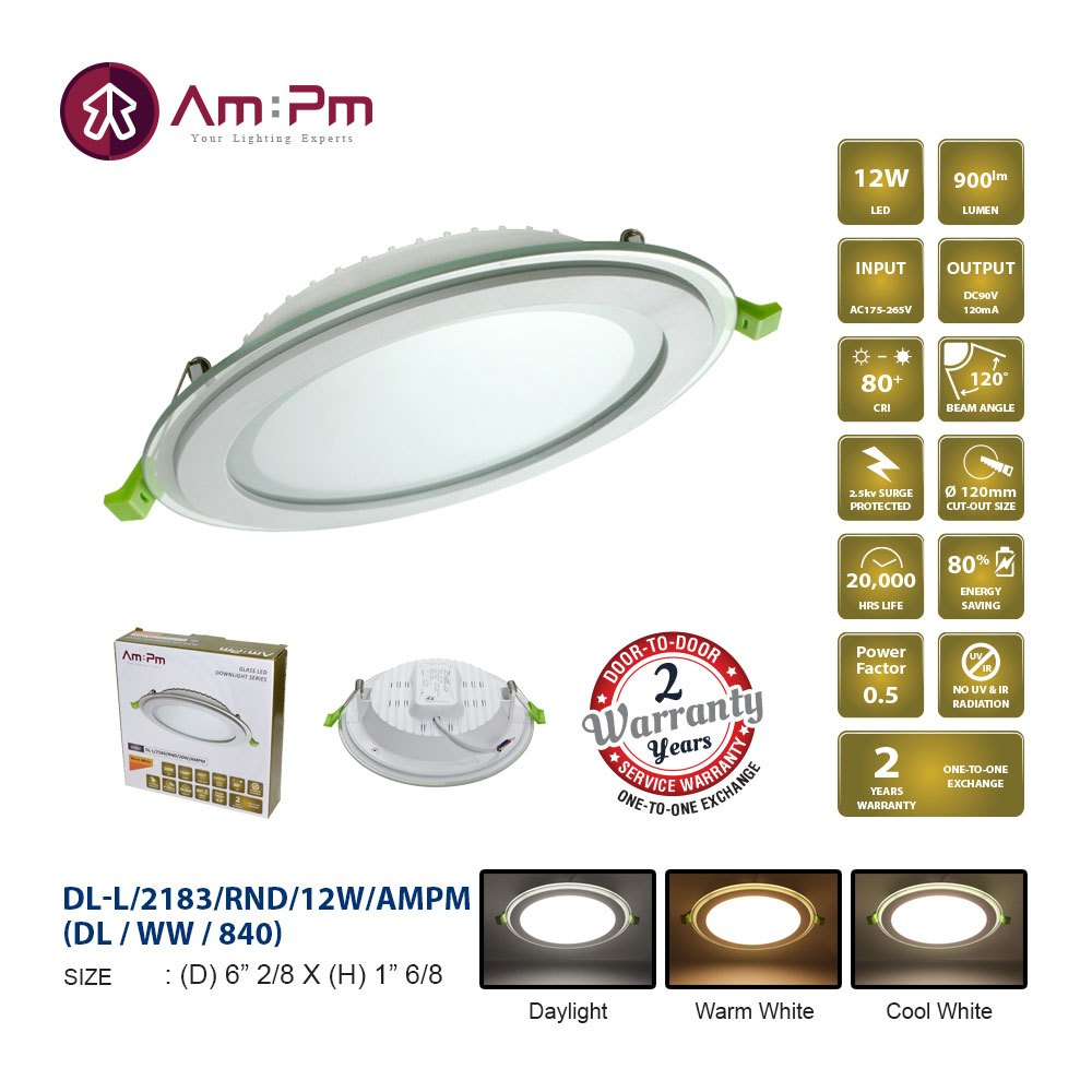 AMPM 12W GLASS EDGE LED DOWNLIGHT 4"INCH ROUND WITH DAYLIGHT GLASSICAL ...