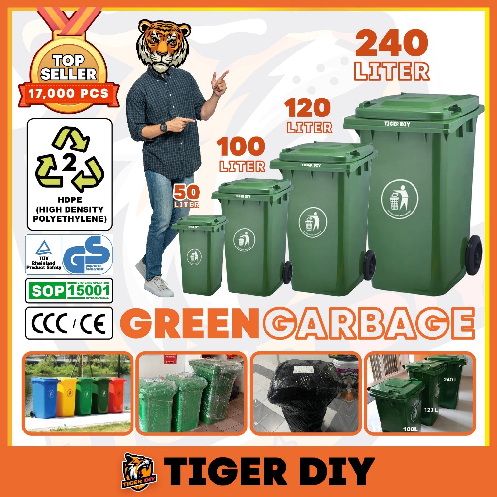 🔥Mobile Garbage Bin 240L 120L 100L 2Wheel Green Bandaraya Heavy Duty ...