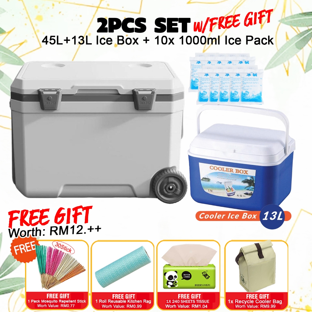 45L Cooler Box with Wheel Roller Portable Outdoor Food Storage Camping ...