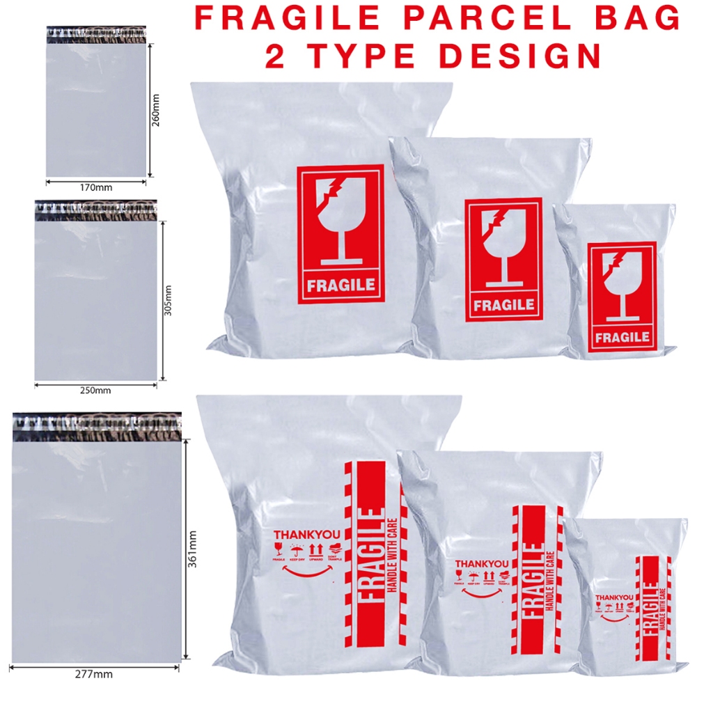 10pc FRAGILE Printed Courier Bag | WHITE Self-Adhesive Flyer Courier ...
