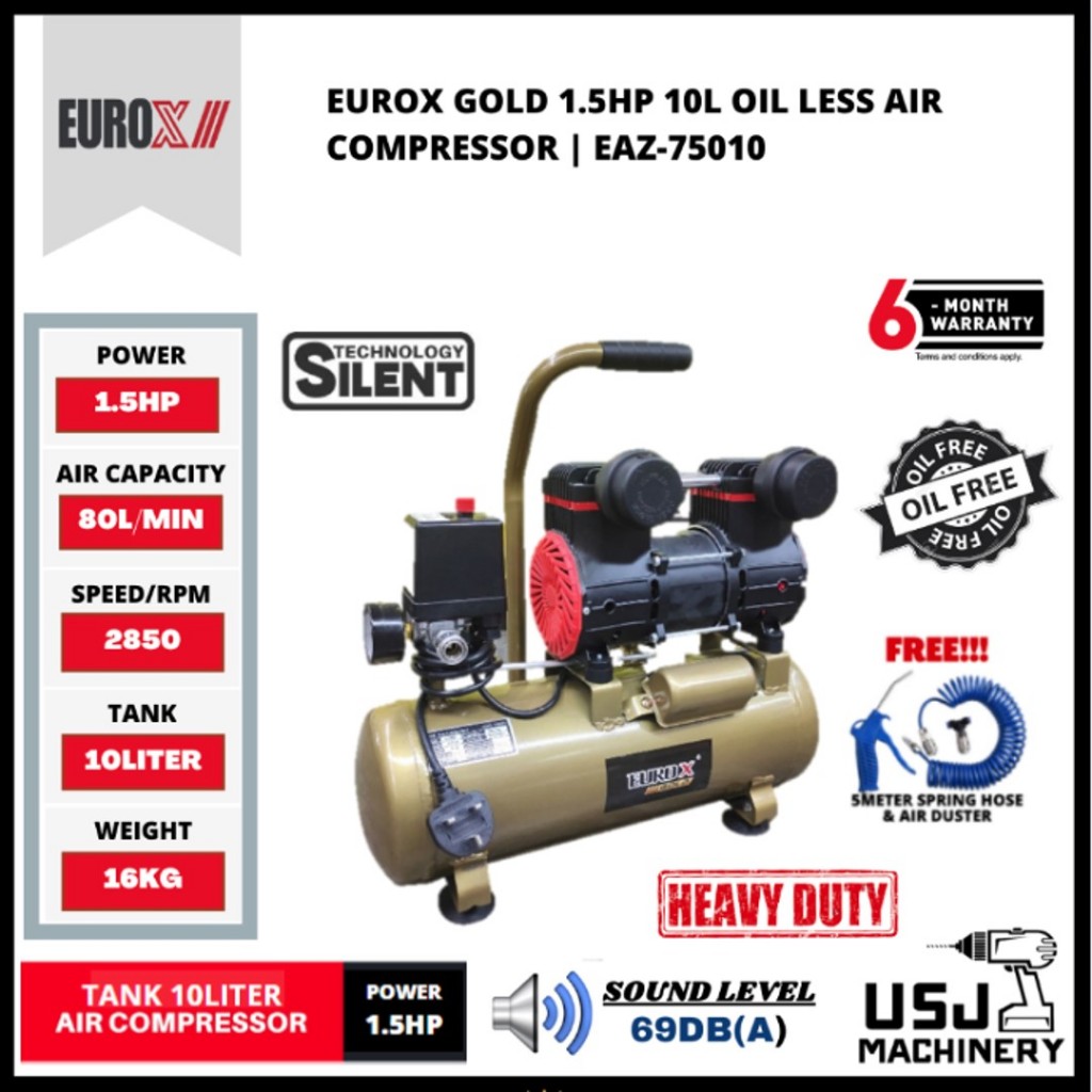 Eurox Gold 1.5HP 10L Oil Less Air Compressor EAZ-75010 - 8Bar & 80L/min Air Flow - 6 Months ...