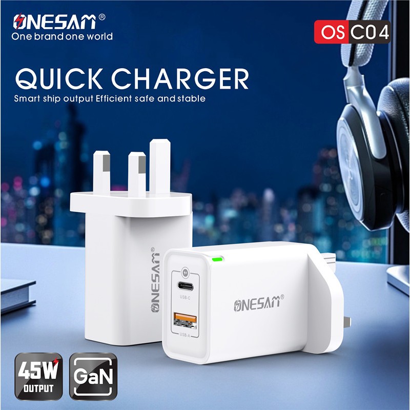 ONESAM OS-C04 GaN 45W Charger Adapter / PD + QC Super Quick Fast Charging / UK Plug | Shopee ...