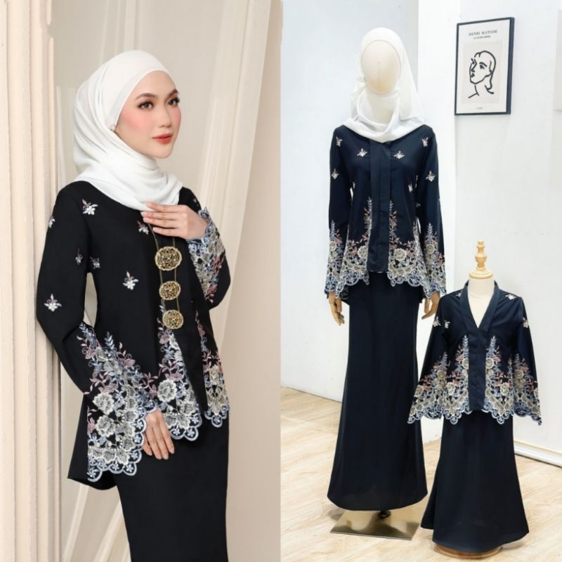 BAJU RAYA 2024 KEBAYA MODEN SULAM SEDONDON IBU ANAK BLACK NAVY LUE ...