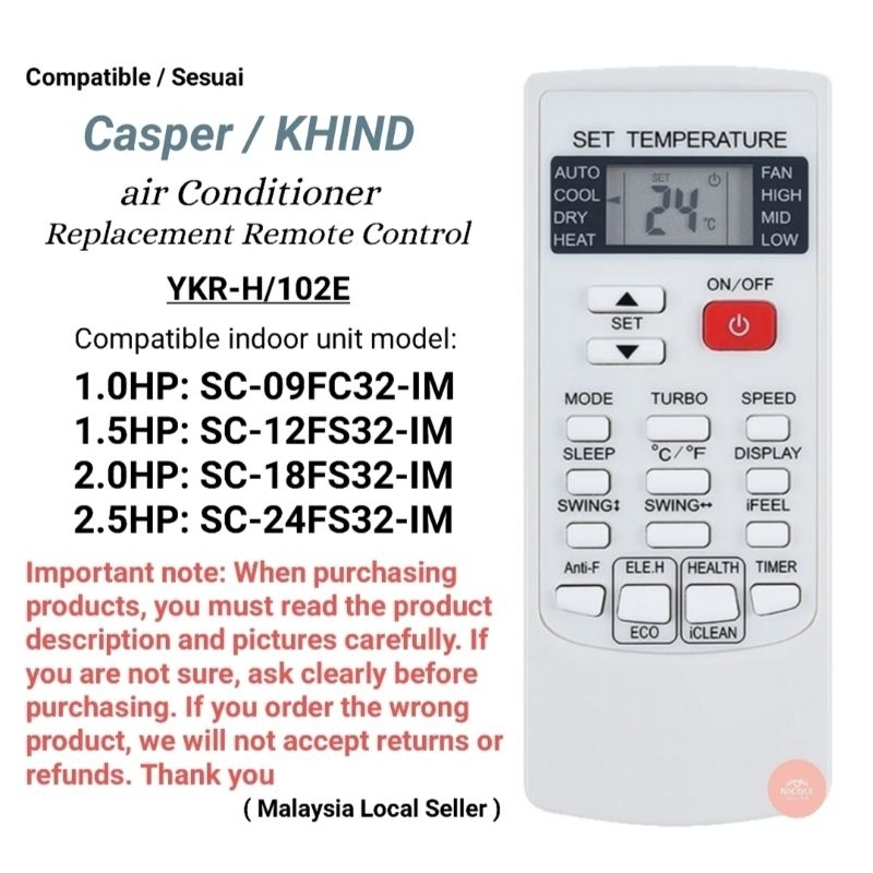 Casper / KHIND YKR-H/101E air conditioner Replacement Remote Control ...