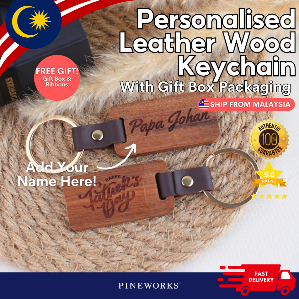Leather Wood Keychain Walnut Wood Ukiran Nama Logo Mesej Hadiah Hari ...