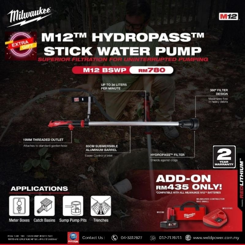 Milwaukee M12 BSWP Hydropass Cordless Stick Water Pump | Shopee Malaysia