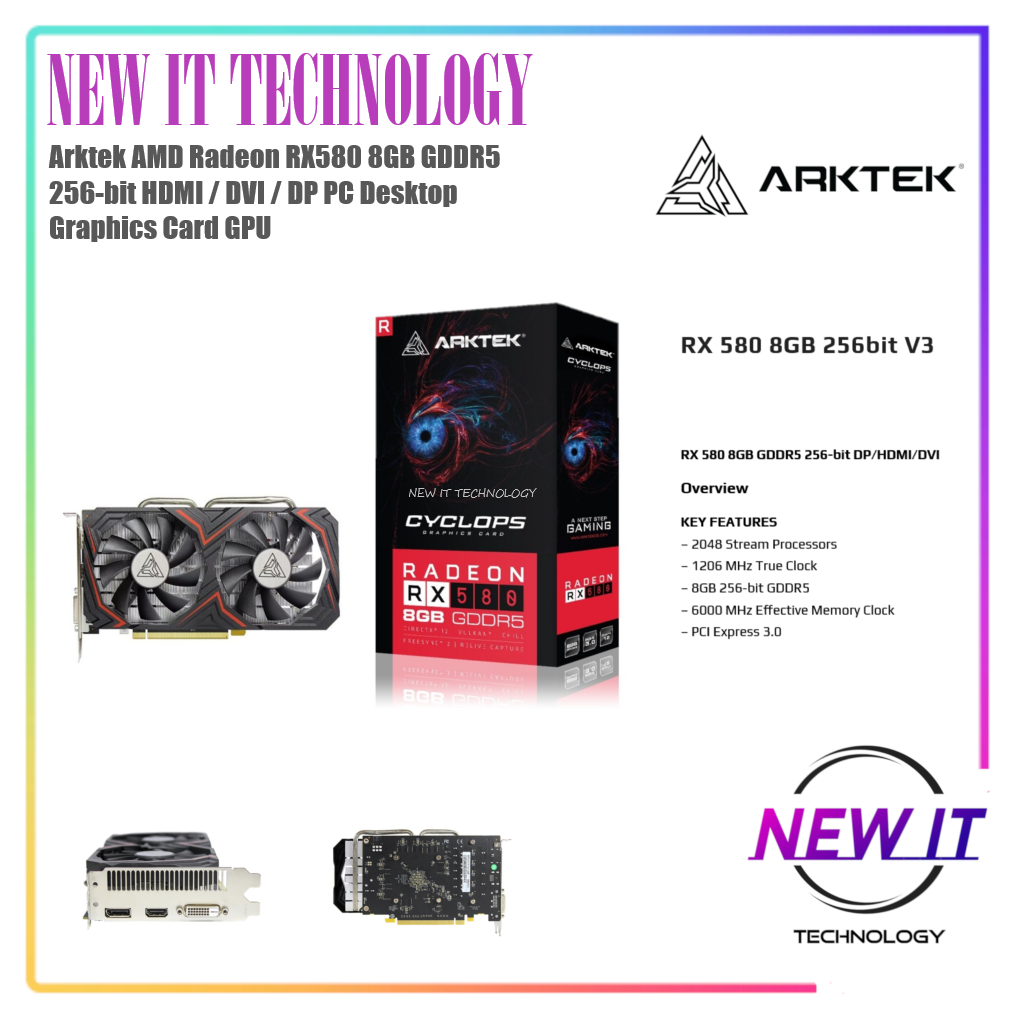 Arktek AMD Radeon RX580 8GB GDDR5 256-bit V3 HDMI / DVI / DP PC Desktop ...