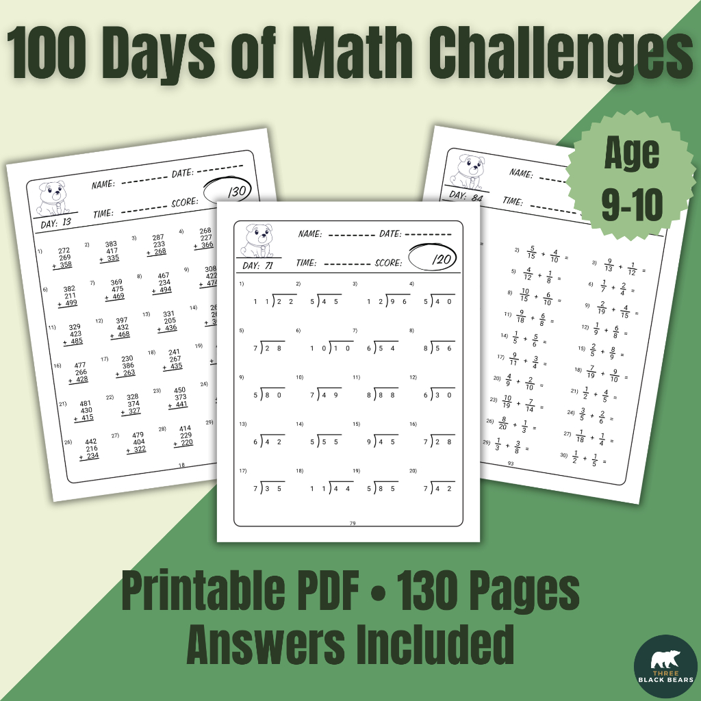 100 Days of Mathematics Challenges for Kids Age 9-10 [PDF] | Printable ...