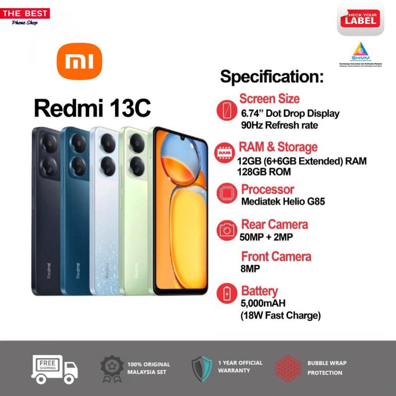 💯 Original Redmi 13C {6+6GB Extended RAM + 128GB ROM} 18W Type-C Charge ...