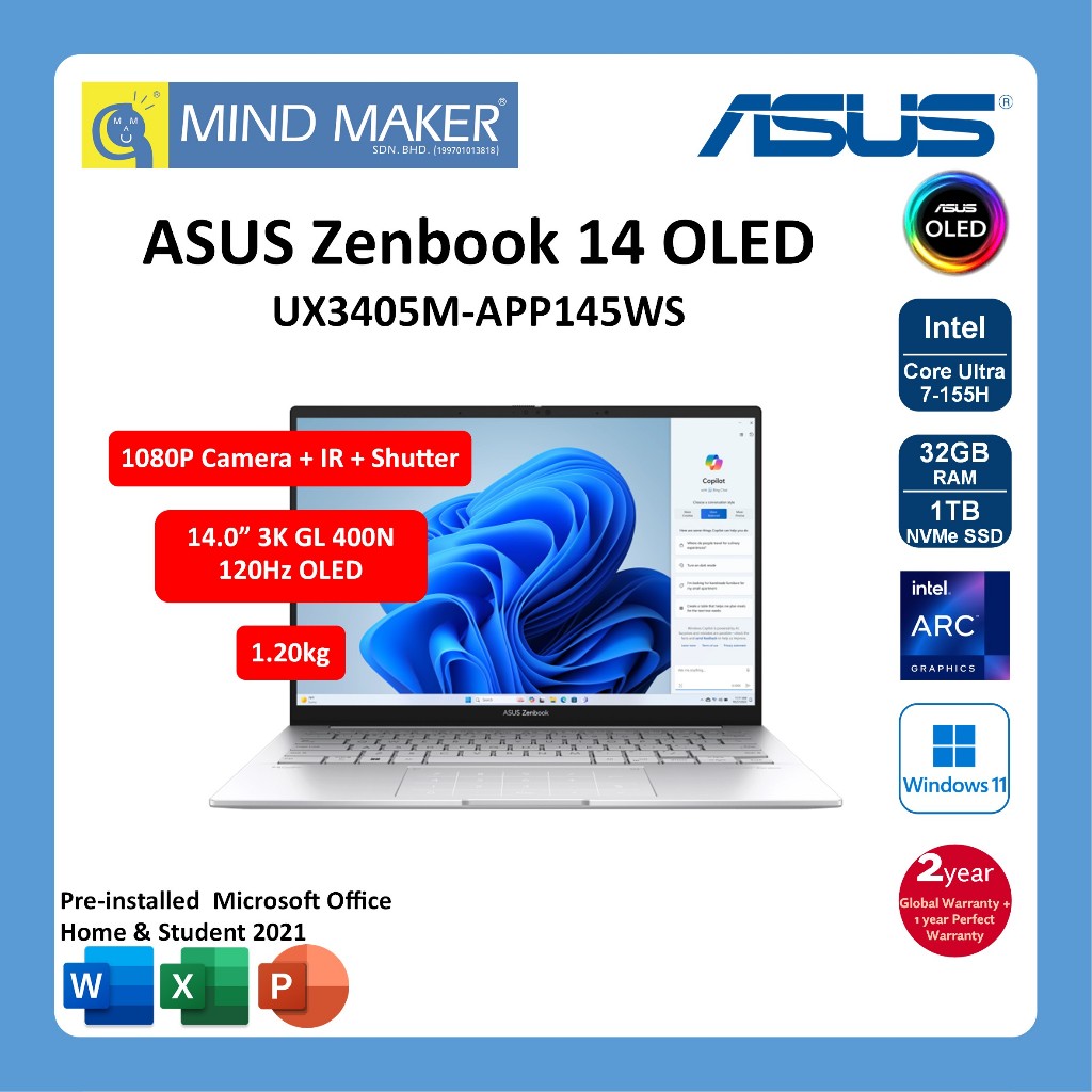 Asus ZenBook 14 UX3405M-APP145WS 14" 3K 120Hz OLED Notebook / U7-155H ...