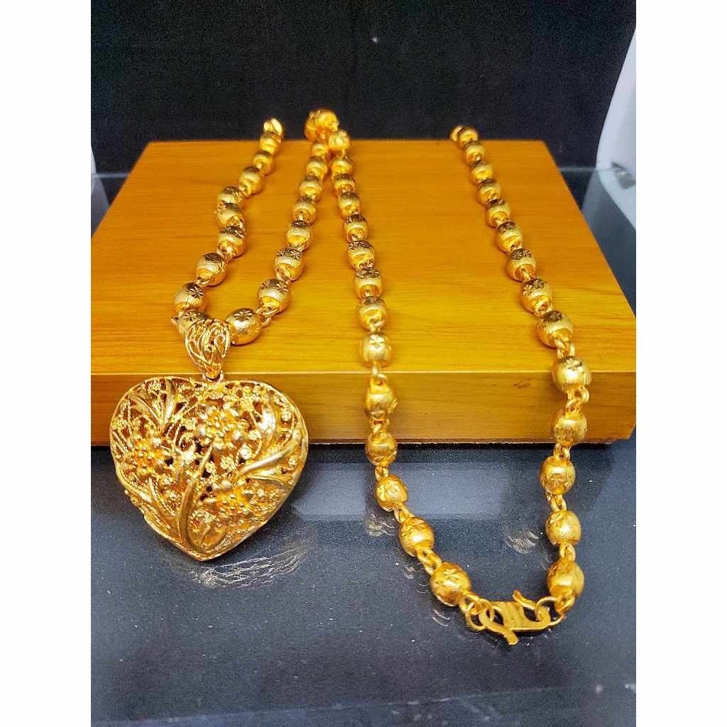 Emas Korea(Saduran 24K Emas) Locket Besar dgn Rantai Leher Panjang Biji ...