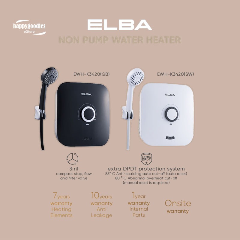Elba Non Pump Instant Water Heater EWH-K3420(GB) / EWH-K3420(SW ...