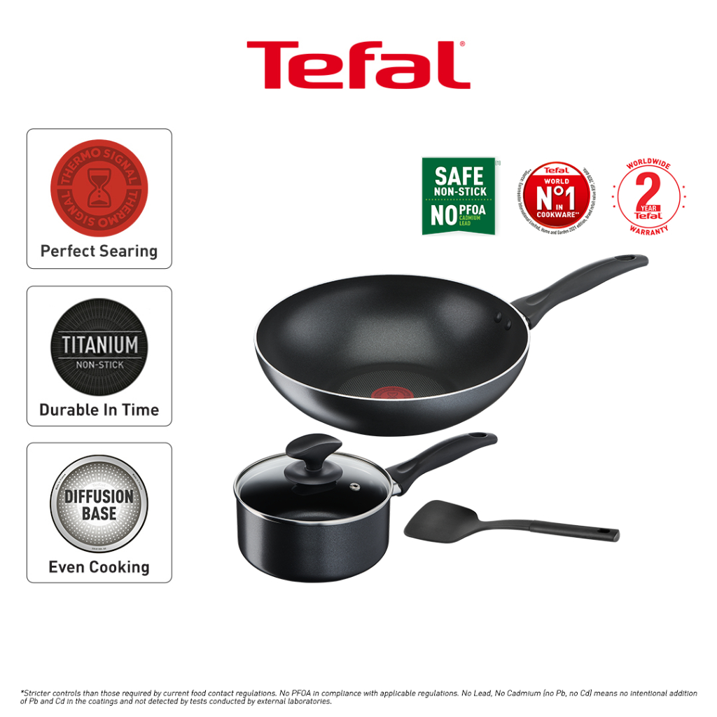 Tefal Cook & Clean 4pcs Set (Saucepan with lid 16cm + Wokpan 28cm + Small spatula) B225S4 ...