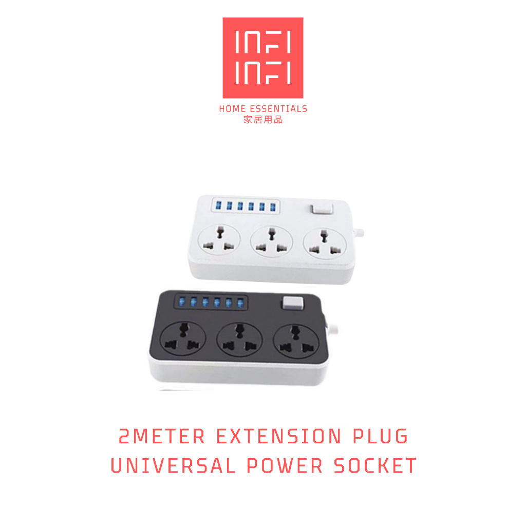2 Meter Extension Plug Universal Power Socket Extension With USB Ports ...