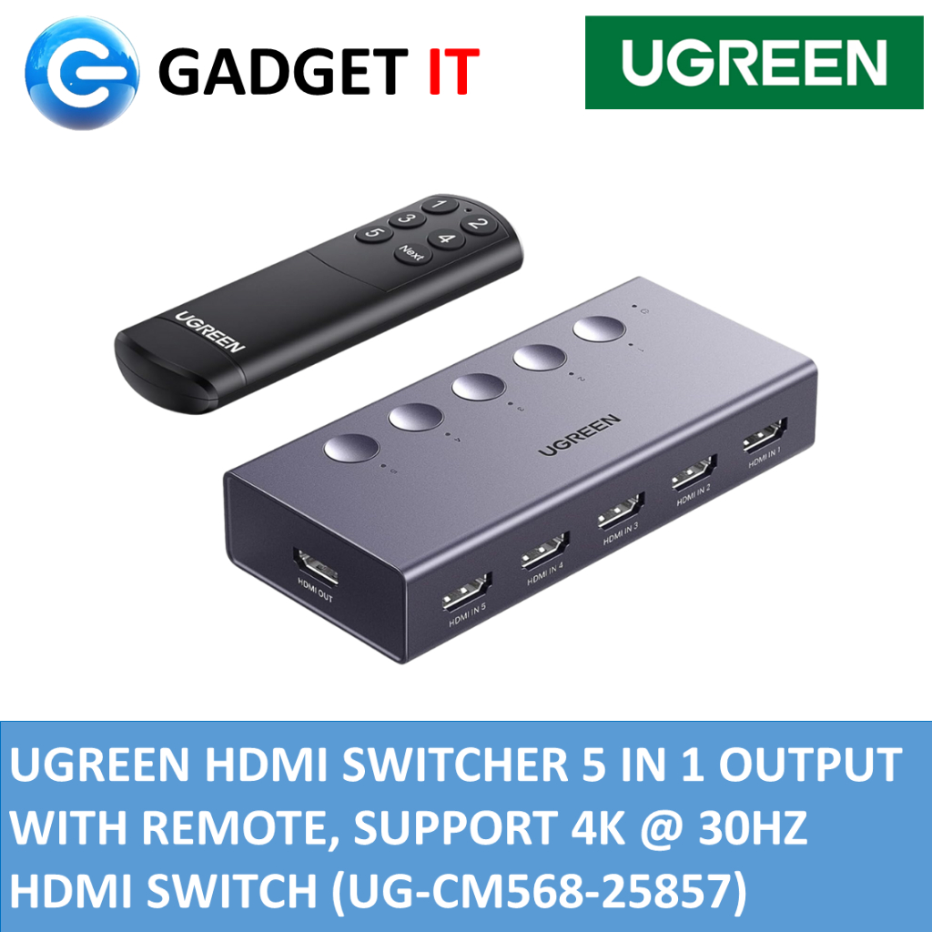 UGREEN HDMI SWITCHER 5 IN 1 OUTPUT WITH REMOTE, SUPPORT 4K @ 60HZ HDMI ...