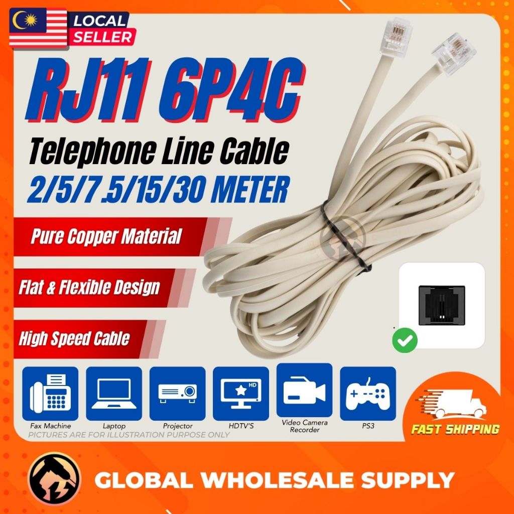 6P4C RJ11 TELEPHONE CABLE PIN TO PIN Line Extension Cord Cable Wire ...