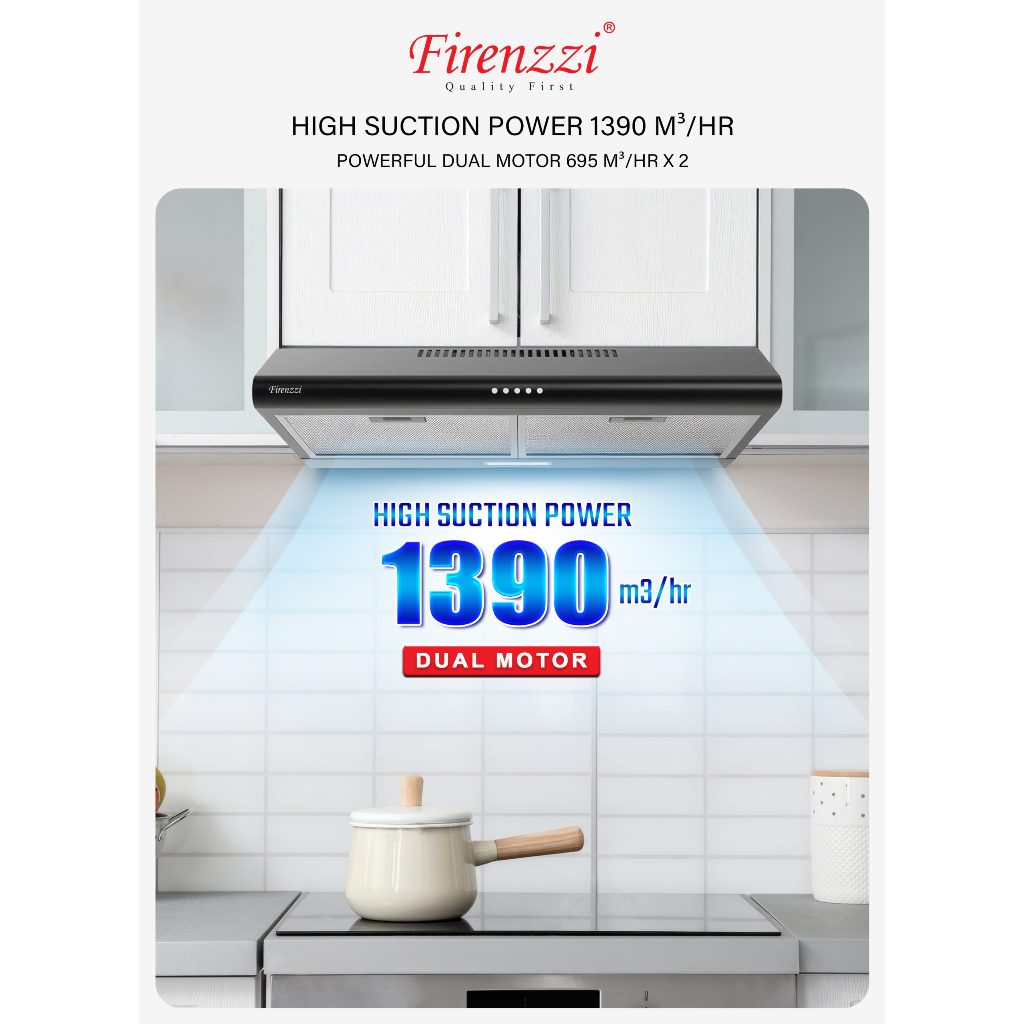 FIRENZZI 1390m³/hr Slim Hood Cooker Hoods Low noise 60CM FH-602 BK High ...